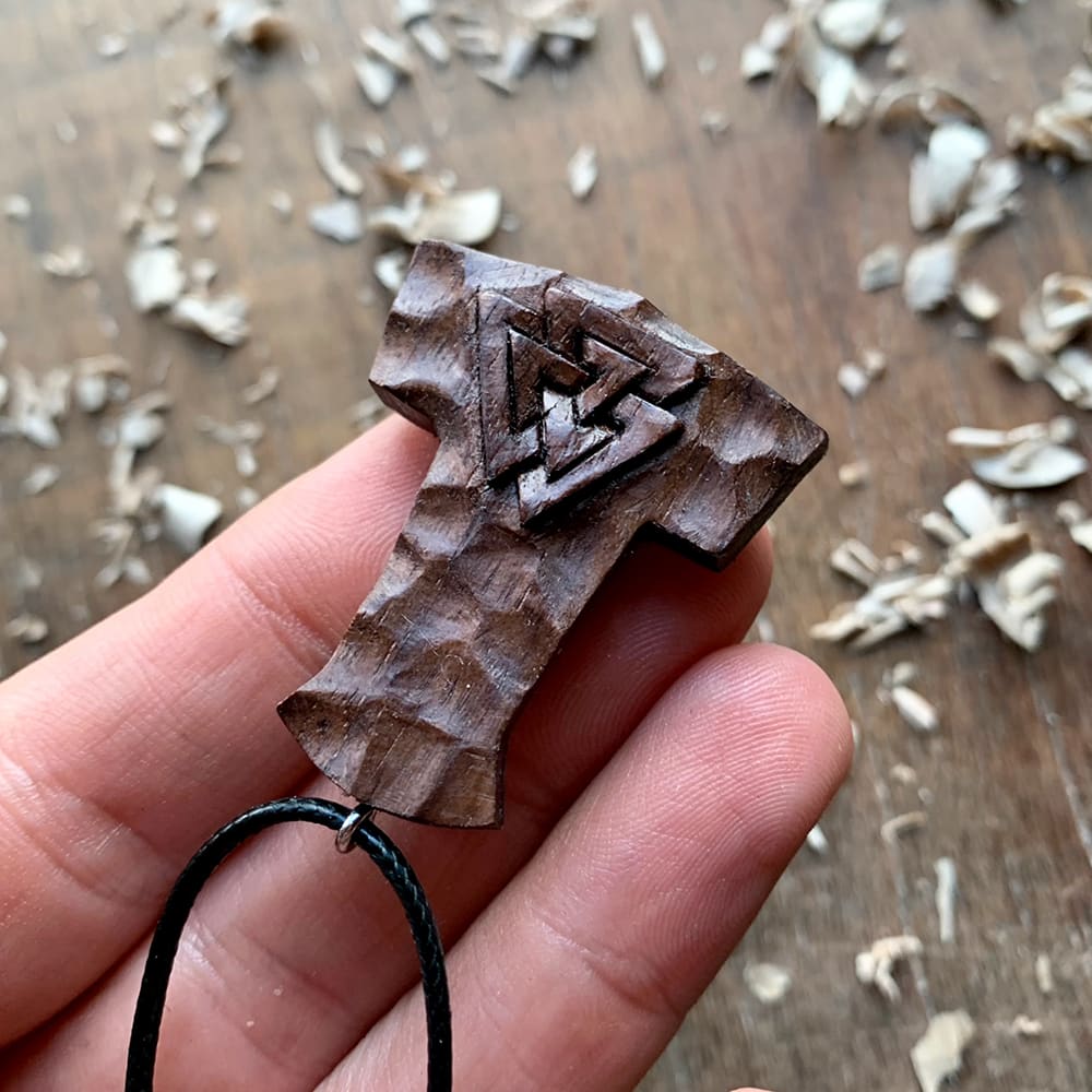 Hand Carved Mjolnir and Valknut Pendant in American Walnut - Norse Spirit