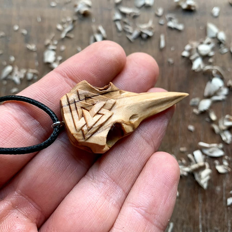 Hand Carved Raven's Skull and Valknut Pendant in Olive Wood - Norse Spirit
