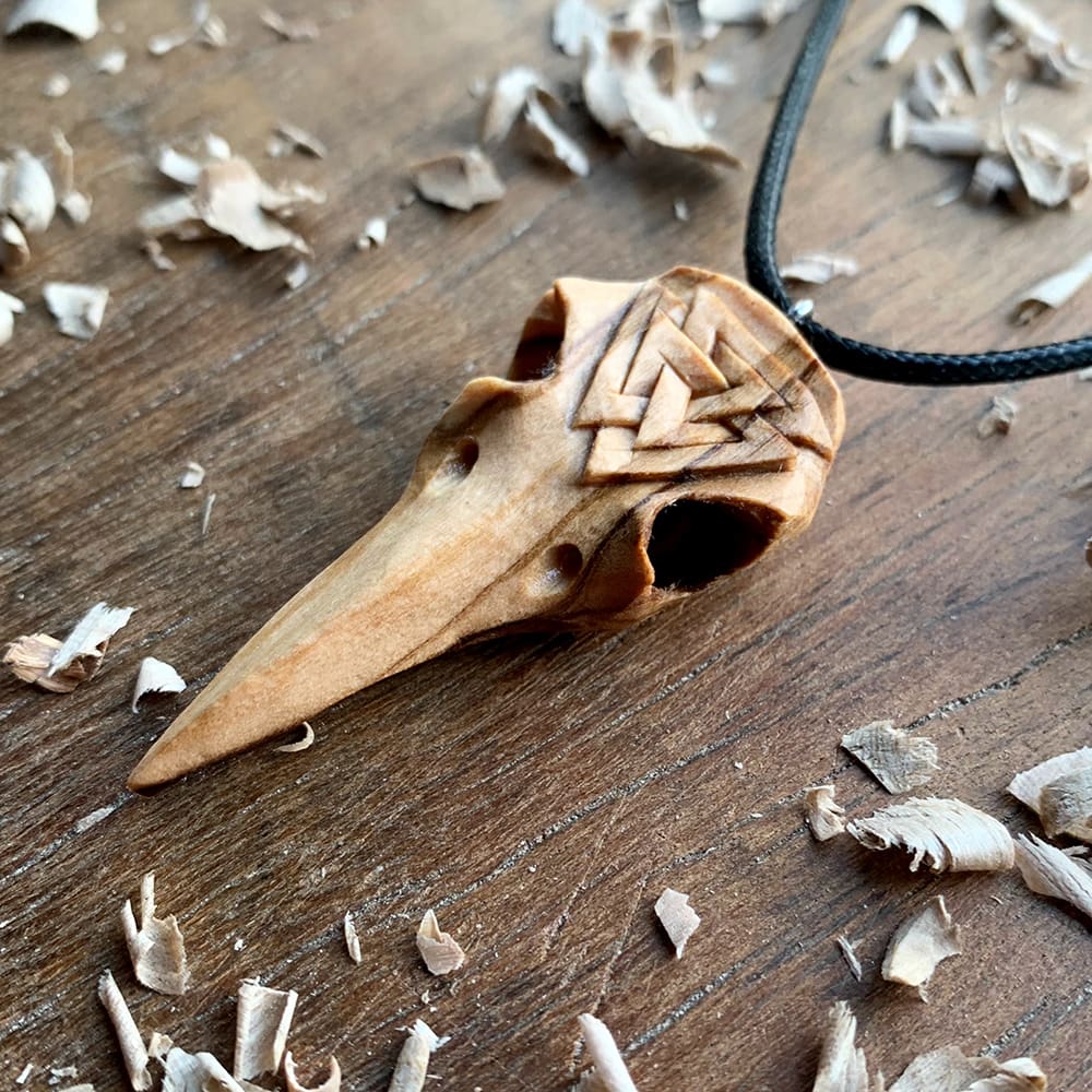 Hand Carved Raven's Skull and Valknut Pendant in Olive Wood - Norse Spirit
