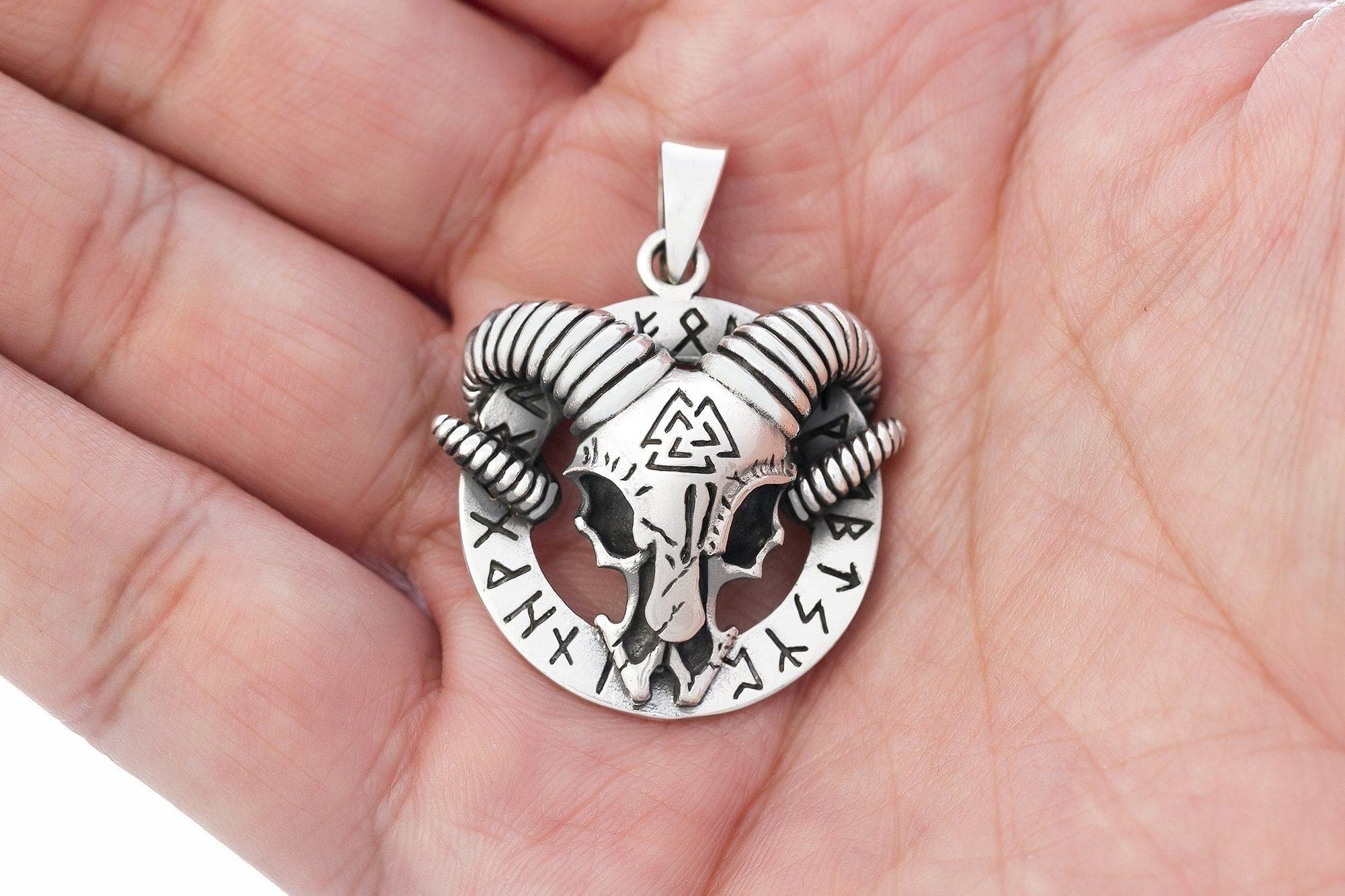 925 Sterling Silver Goat Head Pendant With Valknut and Runes - Norse Spirit