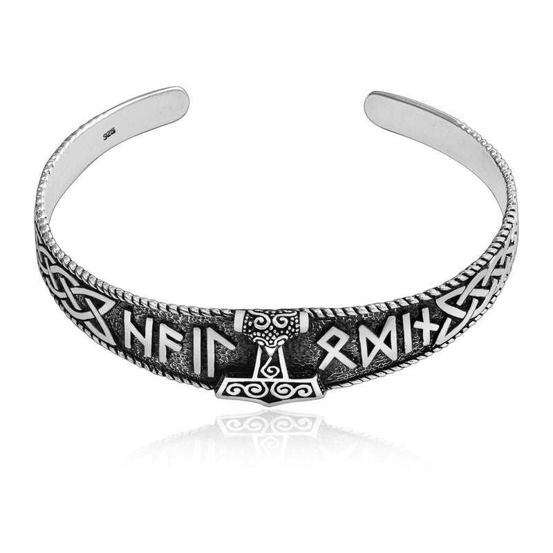 925 Sterling Silver Mjolnir and Hail Odin Rune Bracelet - Norse Spirit