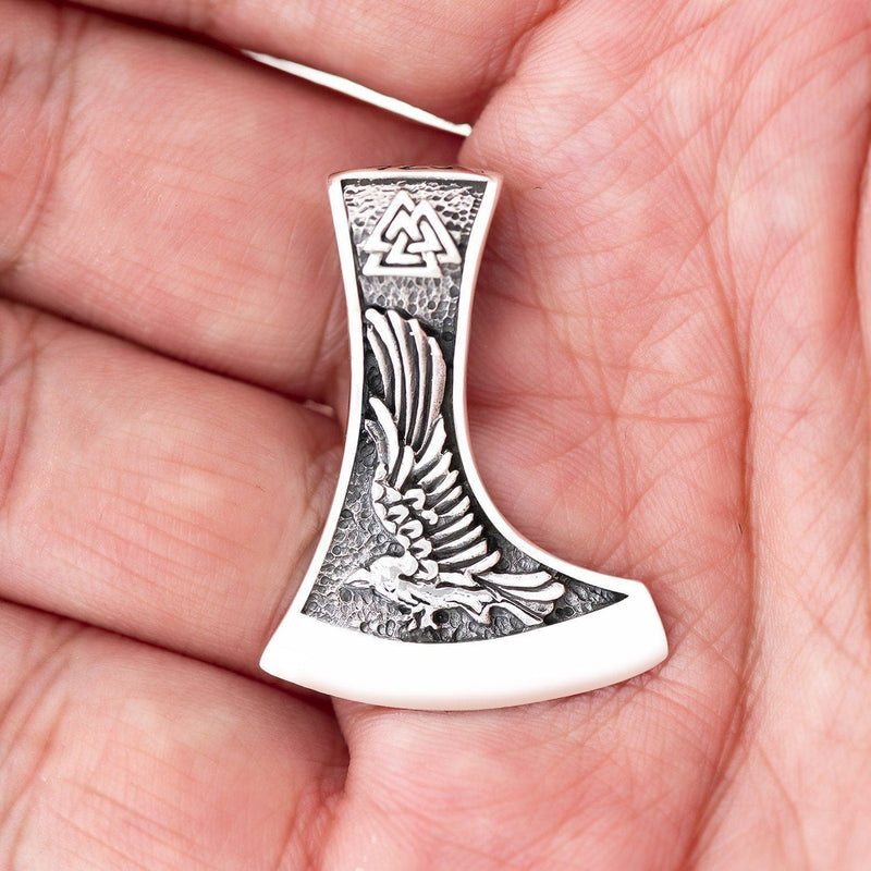 925 Sterling Silver Raven and Wolf Axe Pendant - Norse Spirit