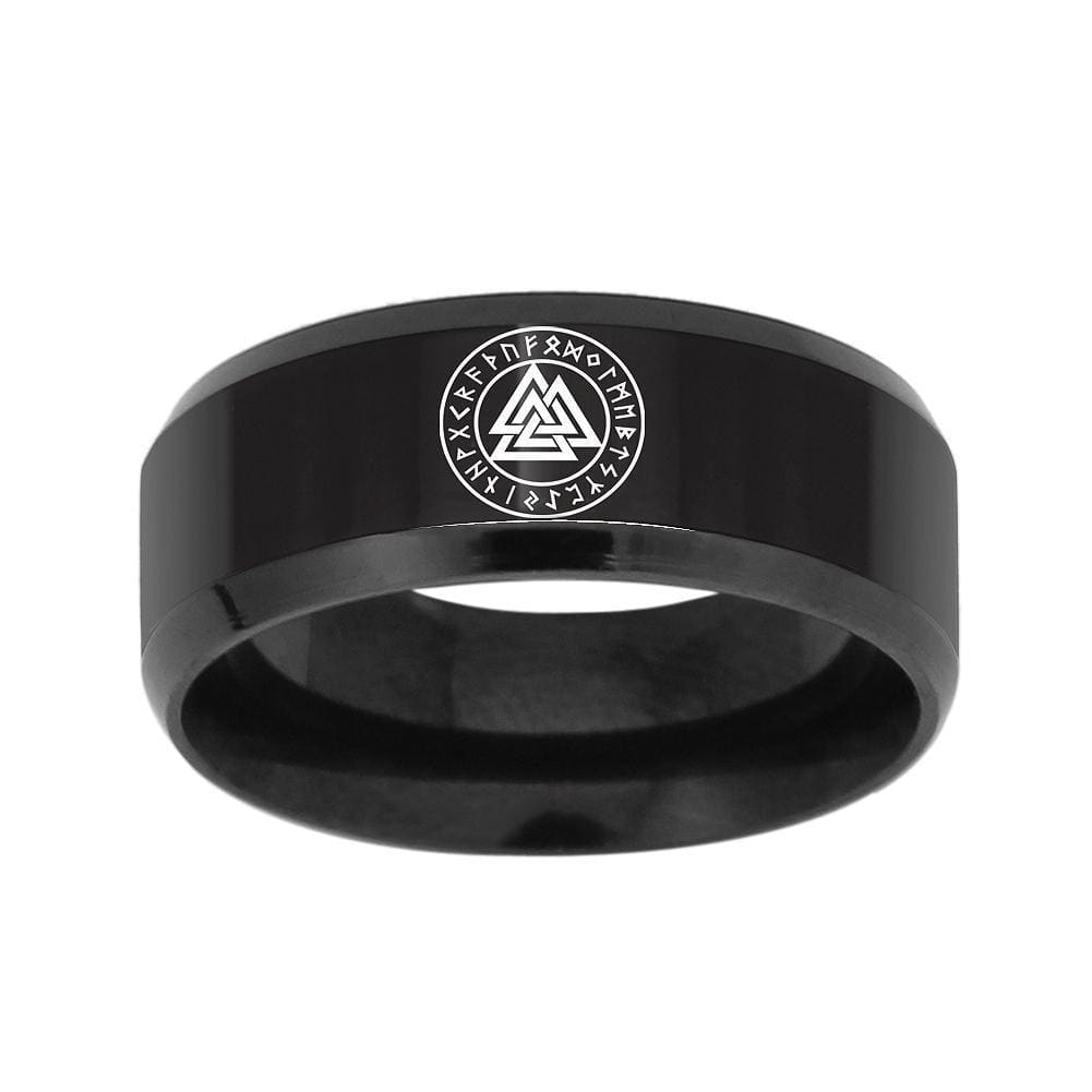 Black Stainless Steel Valknut and Rune Ring - Norse Spirit