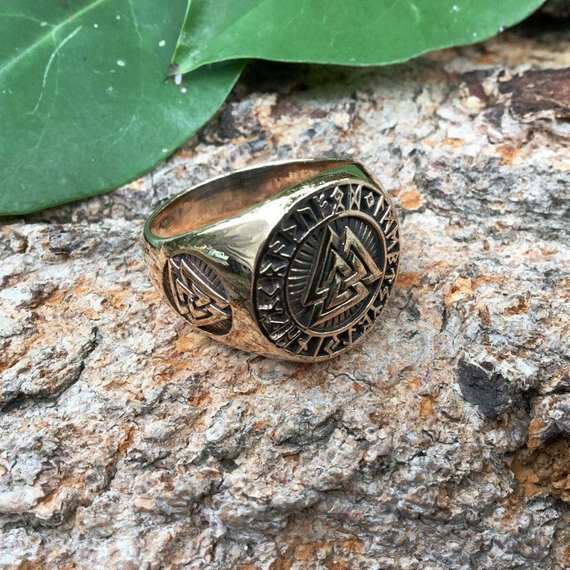 Bronze Valknut and Runes Signet Ring - Norse Spirit