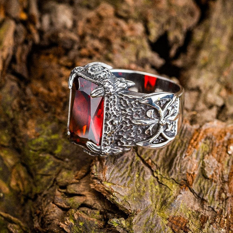 Chunky Stainless Steel Axe Ring With Central Stone - Norse Spirit