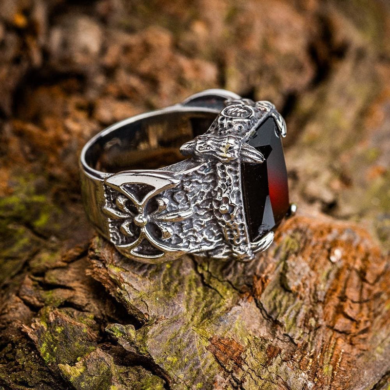Chunky Stainless Steel Axe Ring With Central Stone - Norse Spirit