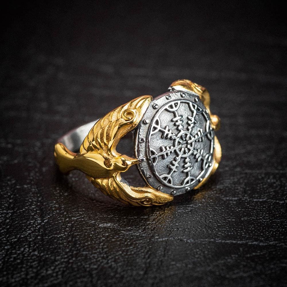 Dual Color Stainless Steel Raven & Helm of Awe Ring - Norse Spirit