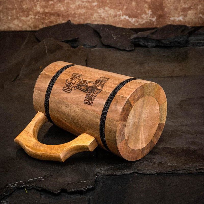 Handmade Wooden Tankard With Mjolnir Engraving - Norse Spirit