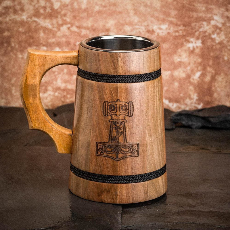 Handmade Wooden Tankard With Mjolnir Engraving - Norse Spirit