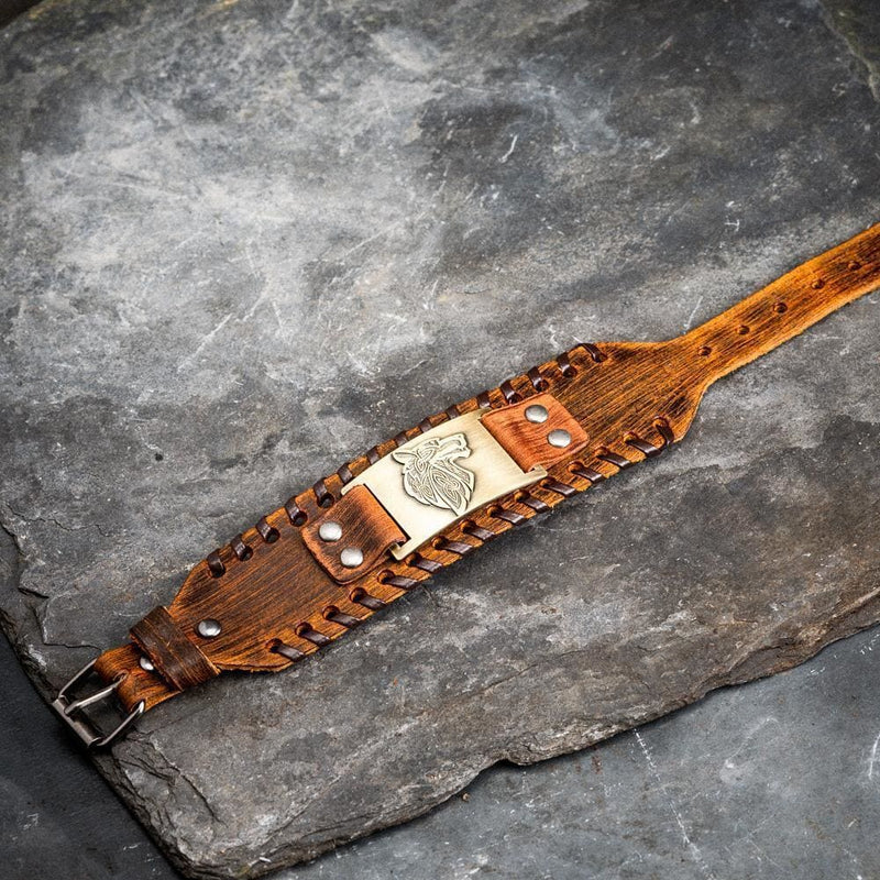 Leather Buckle Arm Cuff With Fenrir Design - Norse Spirit