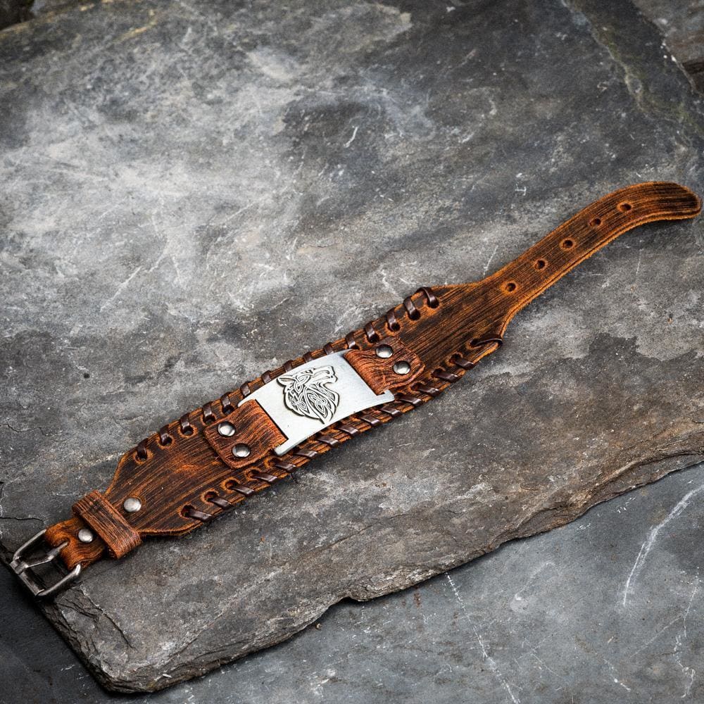 Leather Buckle Arm Cuff With Fenrir Design - Norse Spirit