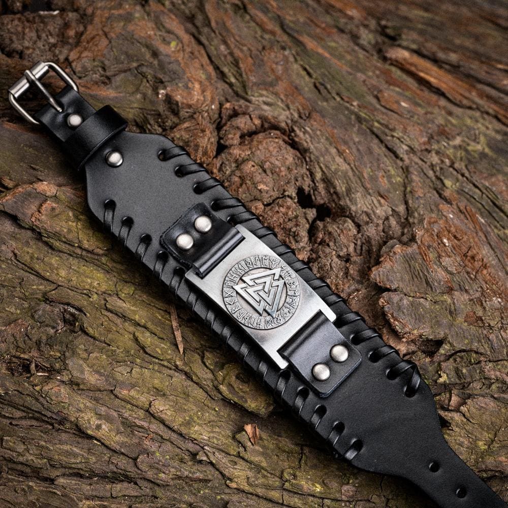 Leather Buckle Arm Cuff With Metal Valknut Design - Norse Spirit