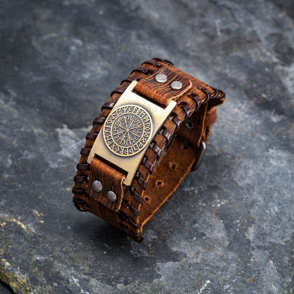 Leather Buckle Arm Cuff With Metal Vegvisir Design - Norse Spirit