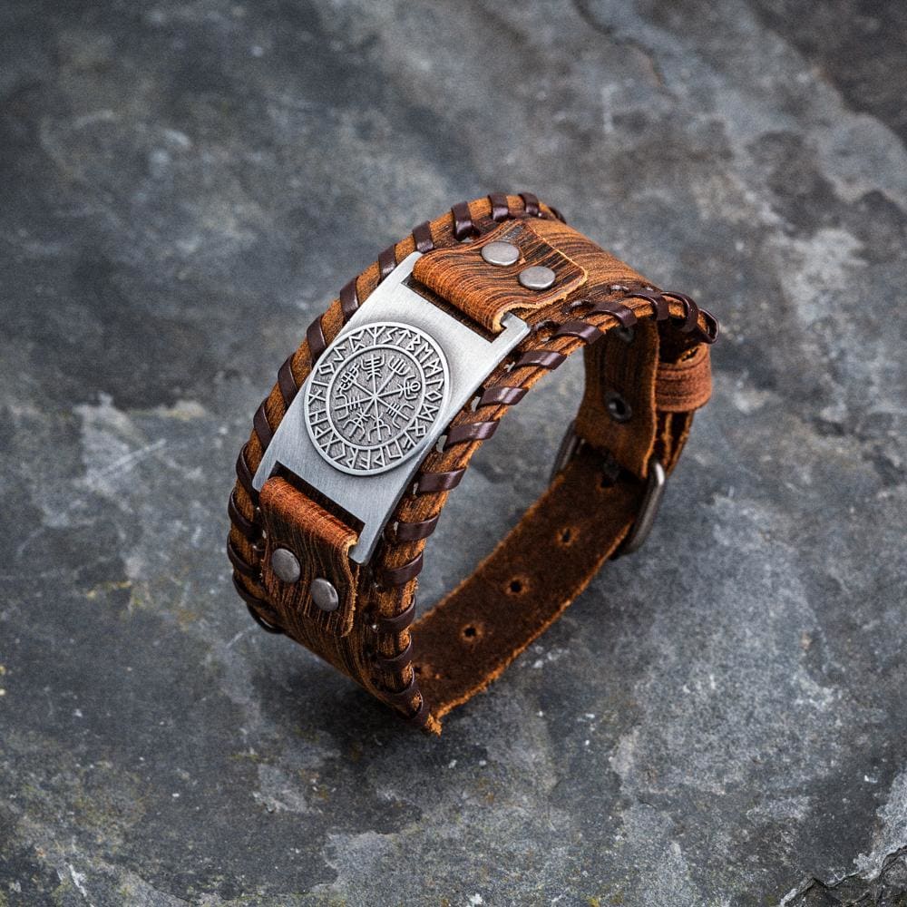 Leather Buckle Arm Cuff With Metal Vegvisir Design - Norse Spirit