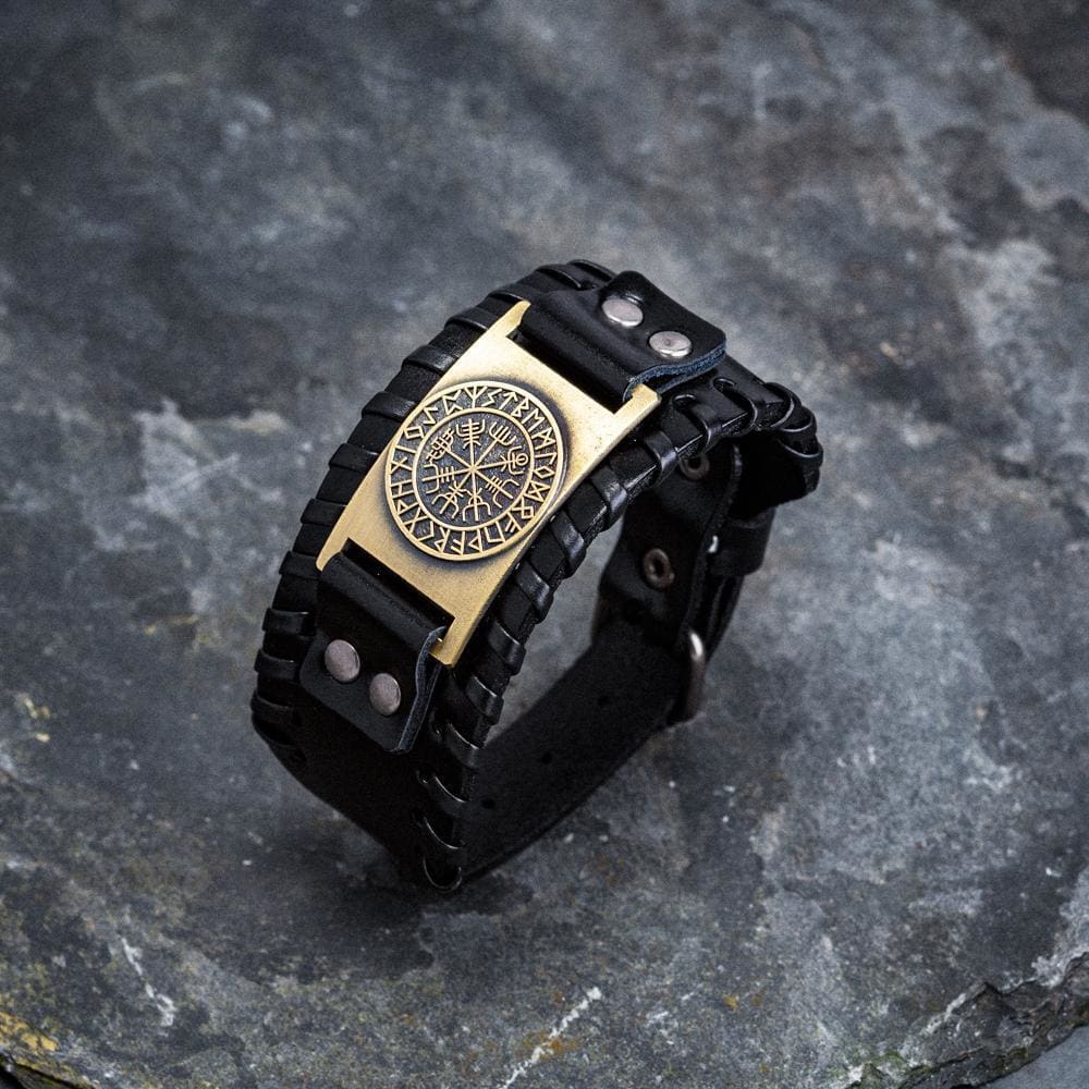 Leather Buckle Arm Cuff With Metal Vegvisir Design - Norse Spirit