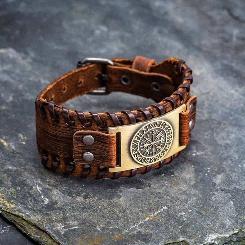 Leather Buckle Arm Cuff With Metal Vegvisir Design - Norse Spirit