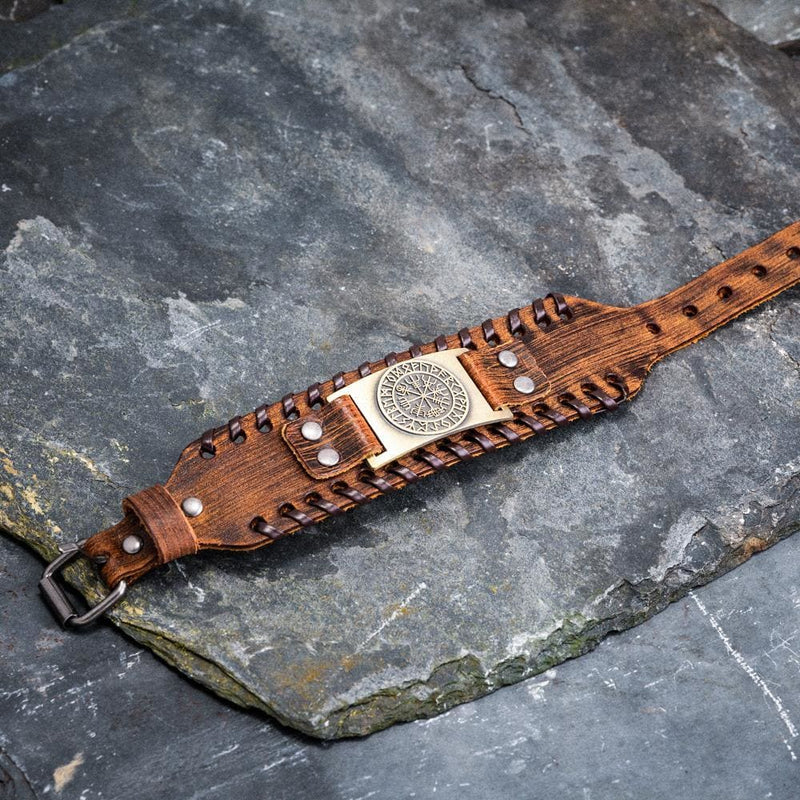 Leather Buckle Arm Cuff With Metal Vegvisir Design - Norse Spirit