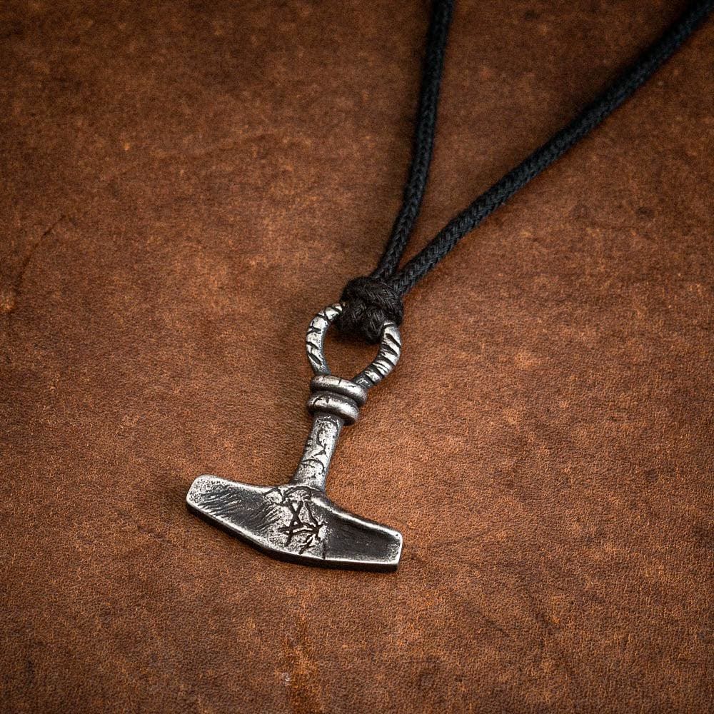 Stainless Steel Aged Hammer on Black Cord - Norse Spirit