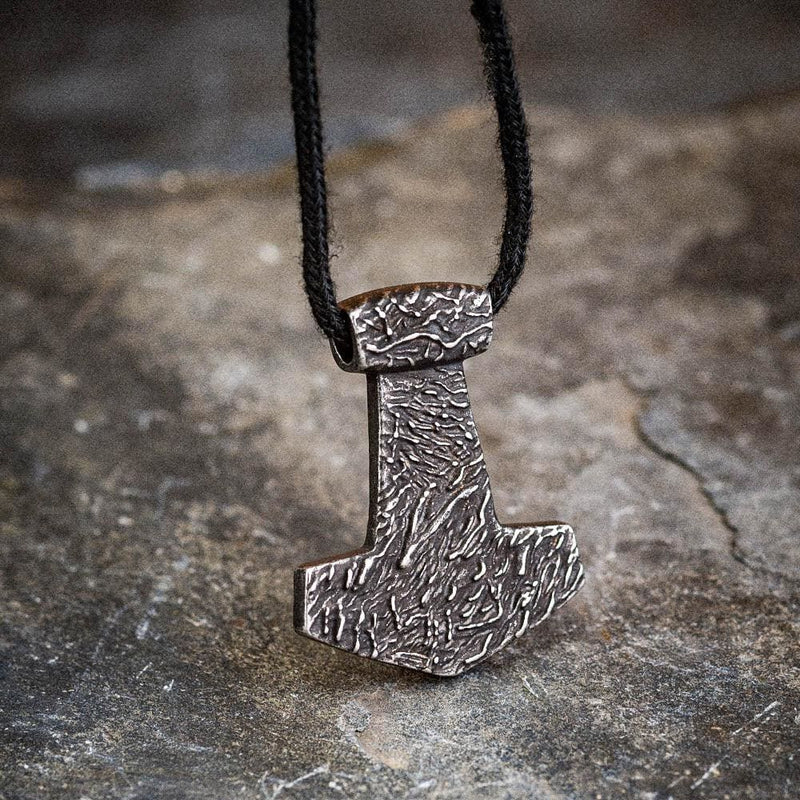 Stainless Steel Aged Mjolnir on Black Cord - Norse Spirit