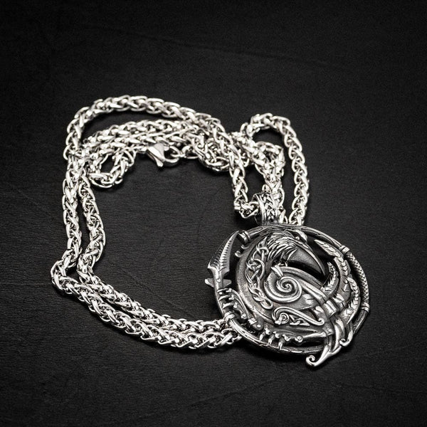 Stainless Steel Circular Raven and Knotwork Necklace - Norse Spirit