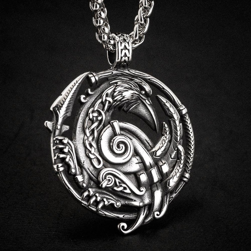Stainless Steel Circular Raven and Knotwork Necklace - Norse Spirit