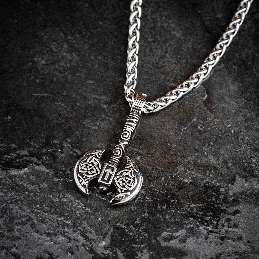 Stainless Steel Double Headed Axe and Tiwaz Rune Necklace - Norse Spirit