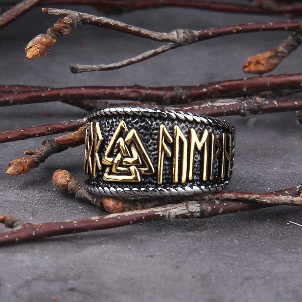Stainless Steel Dual Color Valknut and Rune Ring - Norse Spirit