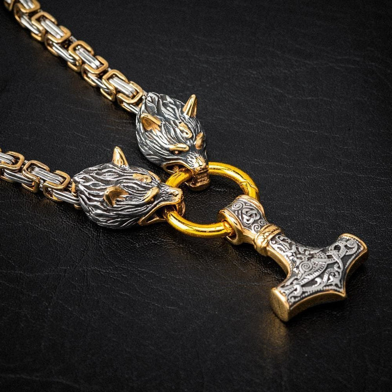 Stainless Steel Dual Color Wolf Head Mjolnir Kings Chain - Norse Spirit