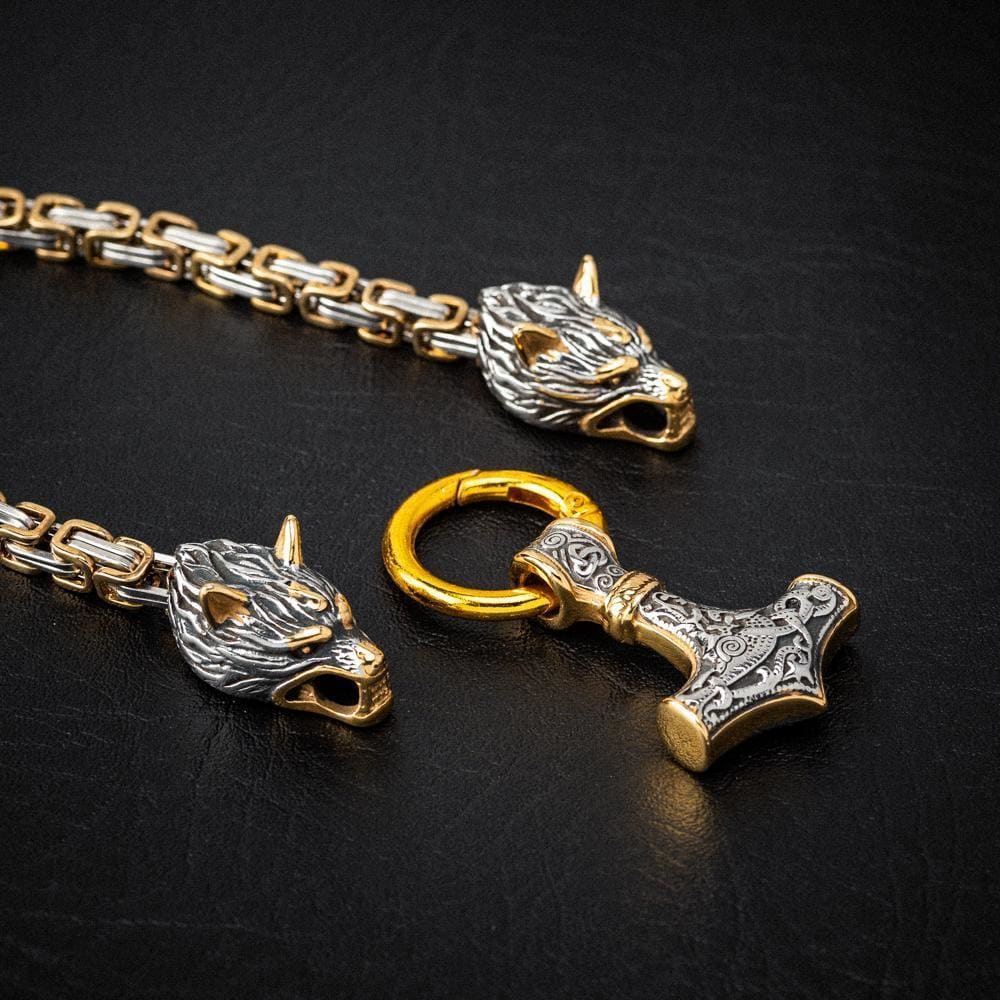 Stainless Steel Dual Color Wolf Head Mjolnir Kings Chain - Norse Spirit