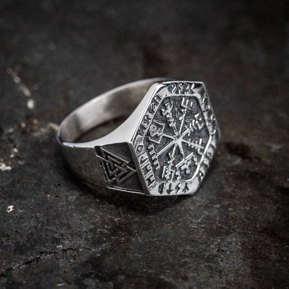 Stainless Steel Hexagonal Vegvisir & Valknut Rune Ring - Norse Spirit