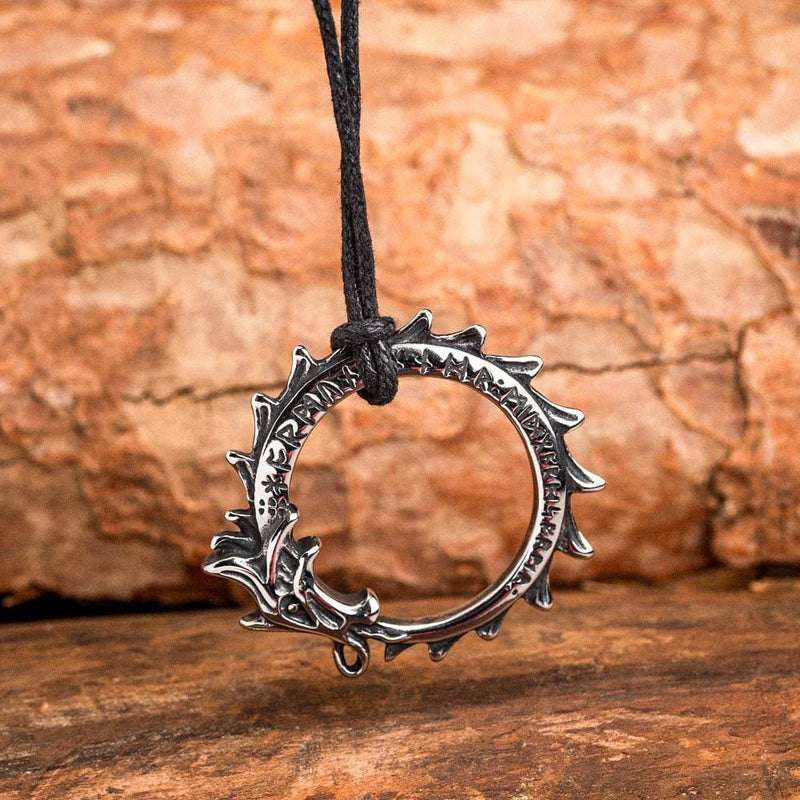 Stainless Steel Jormungand Serpent and Rune Necklace - Norse Spirit