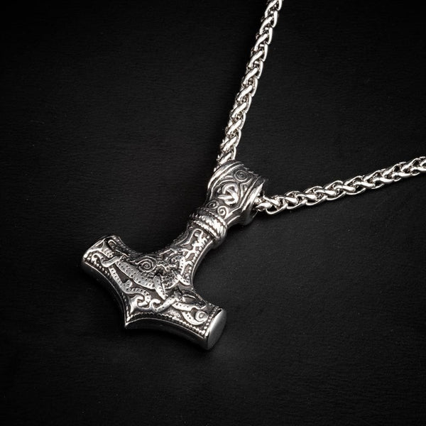 Stainless Steel ’Knotwork’ Mjolnir on Stainless Steel Link - Norse Spirit