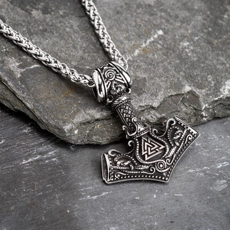 Stainless Steel Mjolnir With Valknut and Tiwaz Rune Necklace - Norse Spirit