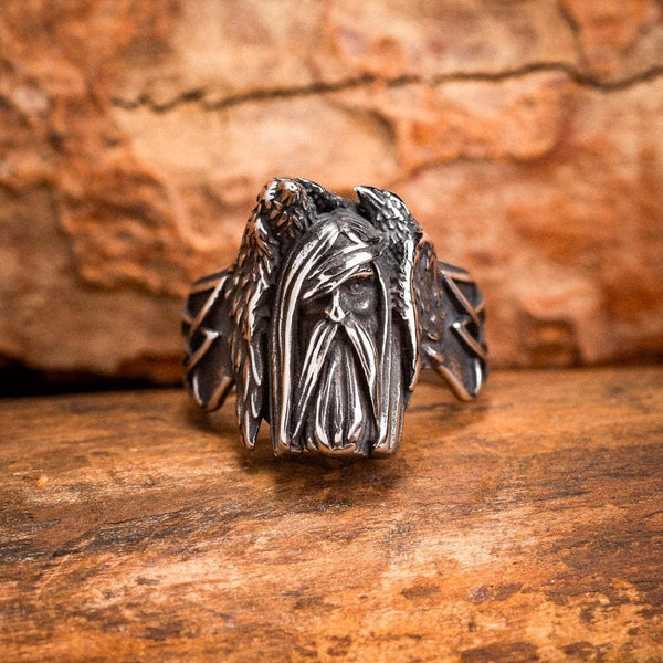 Stainless Steel Odin and Raven Ring - Norse Spirit