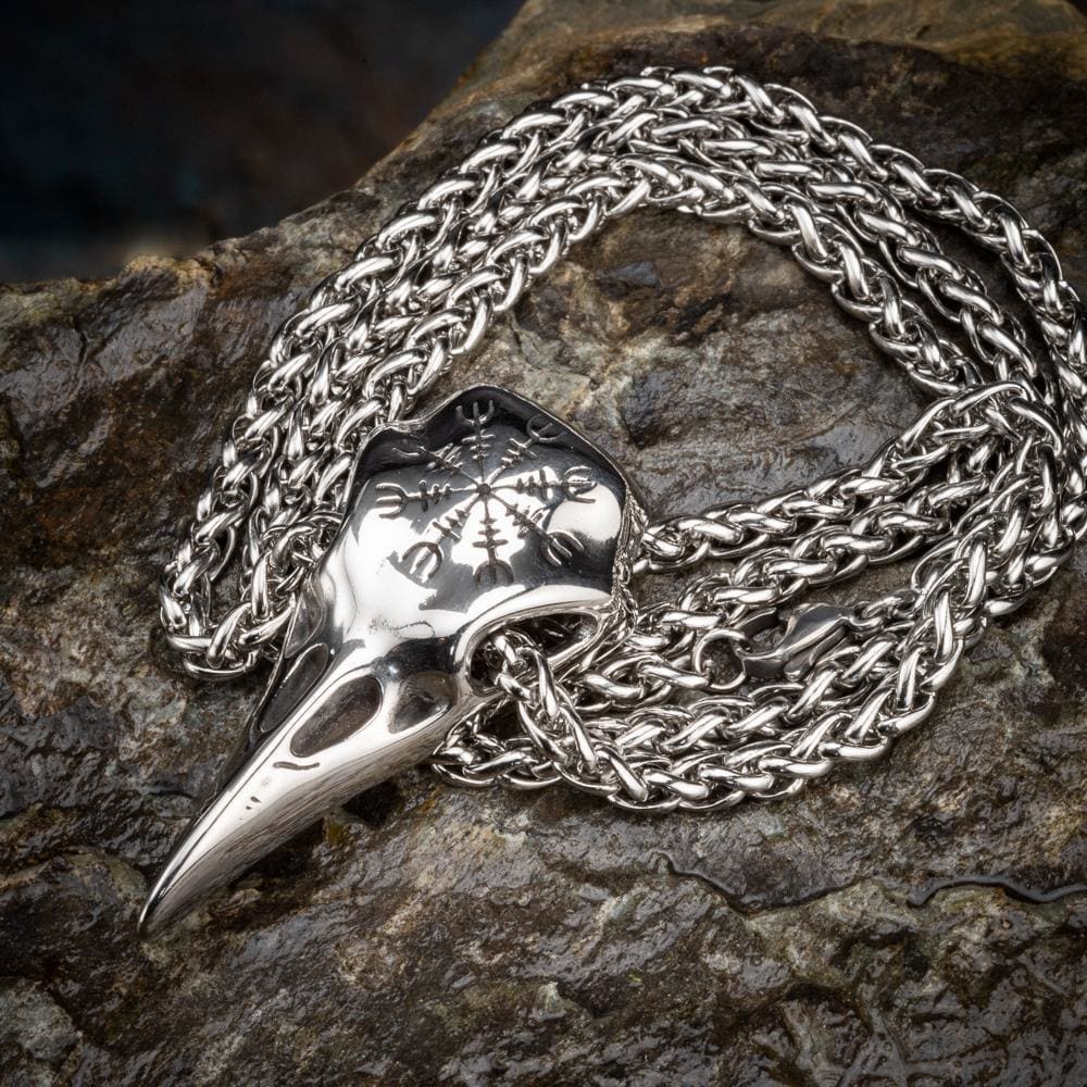 Stainless Steel Raven Skull and Helm of Awe Pendant - Norse Spirit