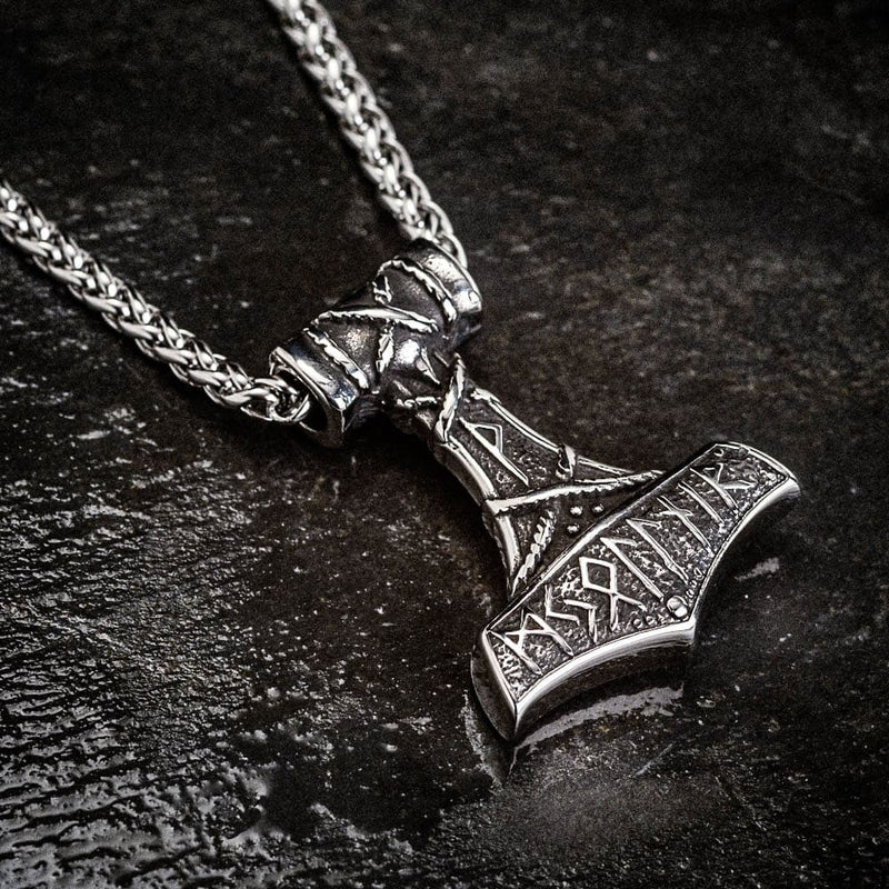 Stainless Steel Thor’s Hammer With Rune And Ropework - Norse Spirit