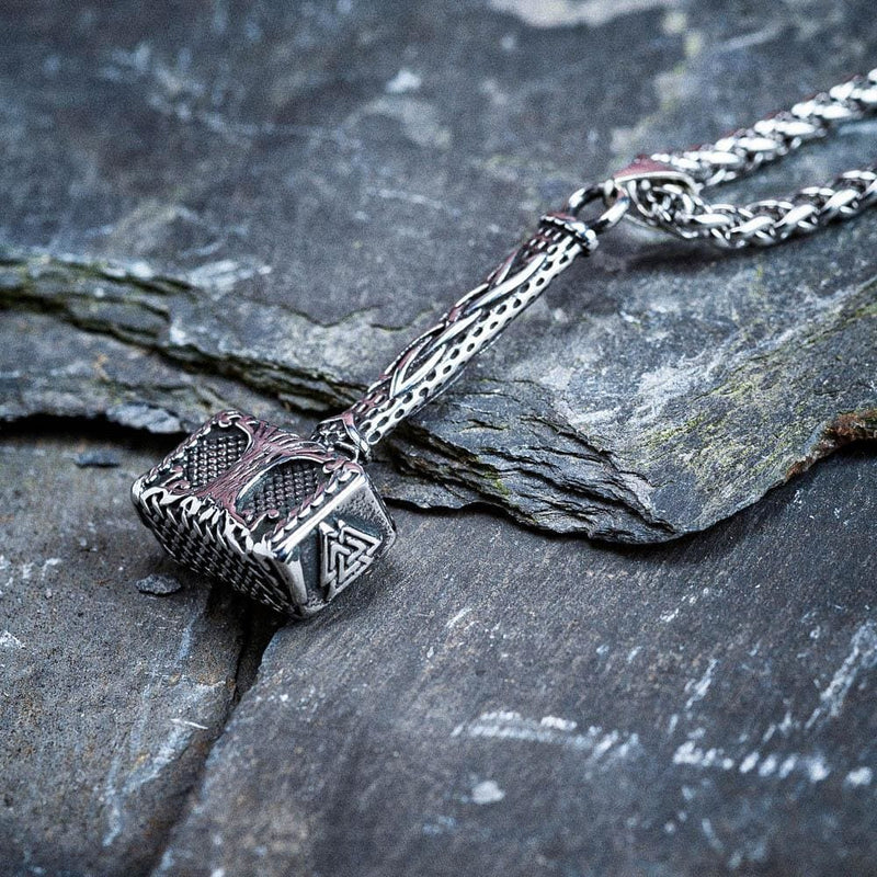 Stainless Steel Thor’s Hammer With Tree of Life & Valknut - Norse Spirit