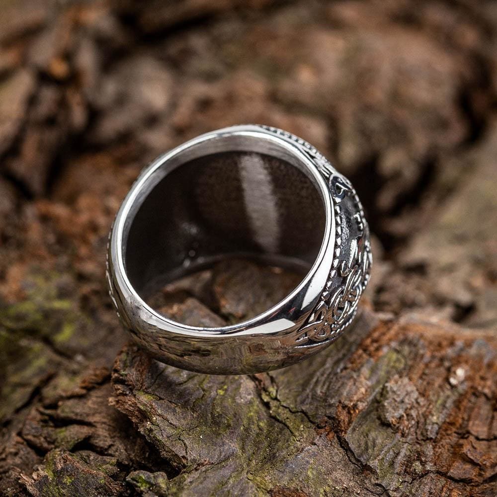 Stainless Steel Wolf and Rune Signet Ring - Norse Spirit