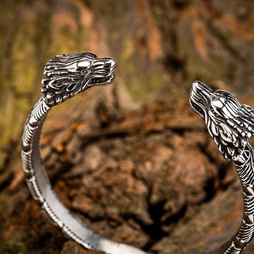 Stainless Steel Wolf Head Braided Torc Bracelet - Norse Spirit