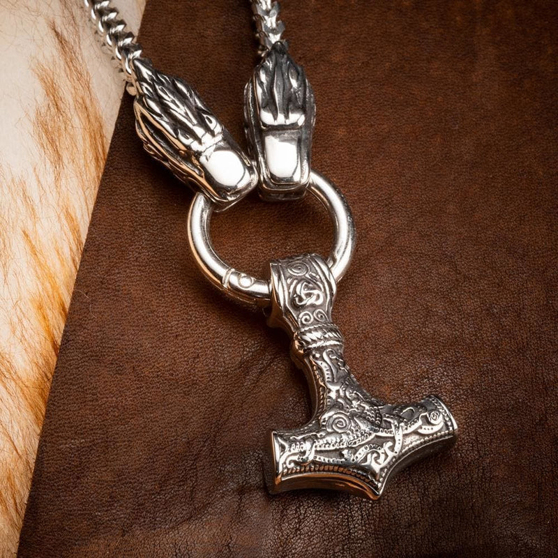Stainless Steel Wolf Head Kings Chain With Mjolnir Bear Paw - Norse Spirit