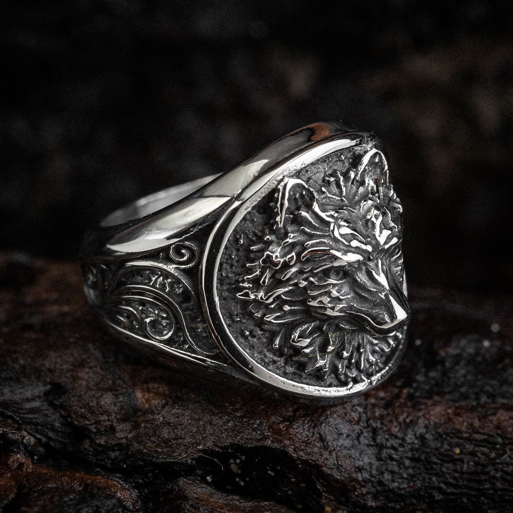 Stainless Steel Wolf Head Signet Ring - Norse Spirit