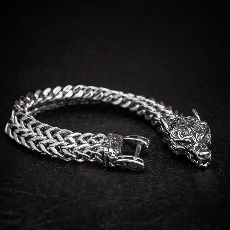 Stainless Steel Wolf Head Wheat Bracelet - Norse Spirit