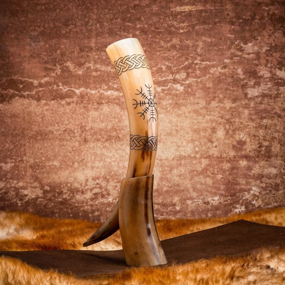 Viking Drinking Horn With Helm of Awe Engravings and Stand - Norse Spirit